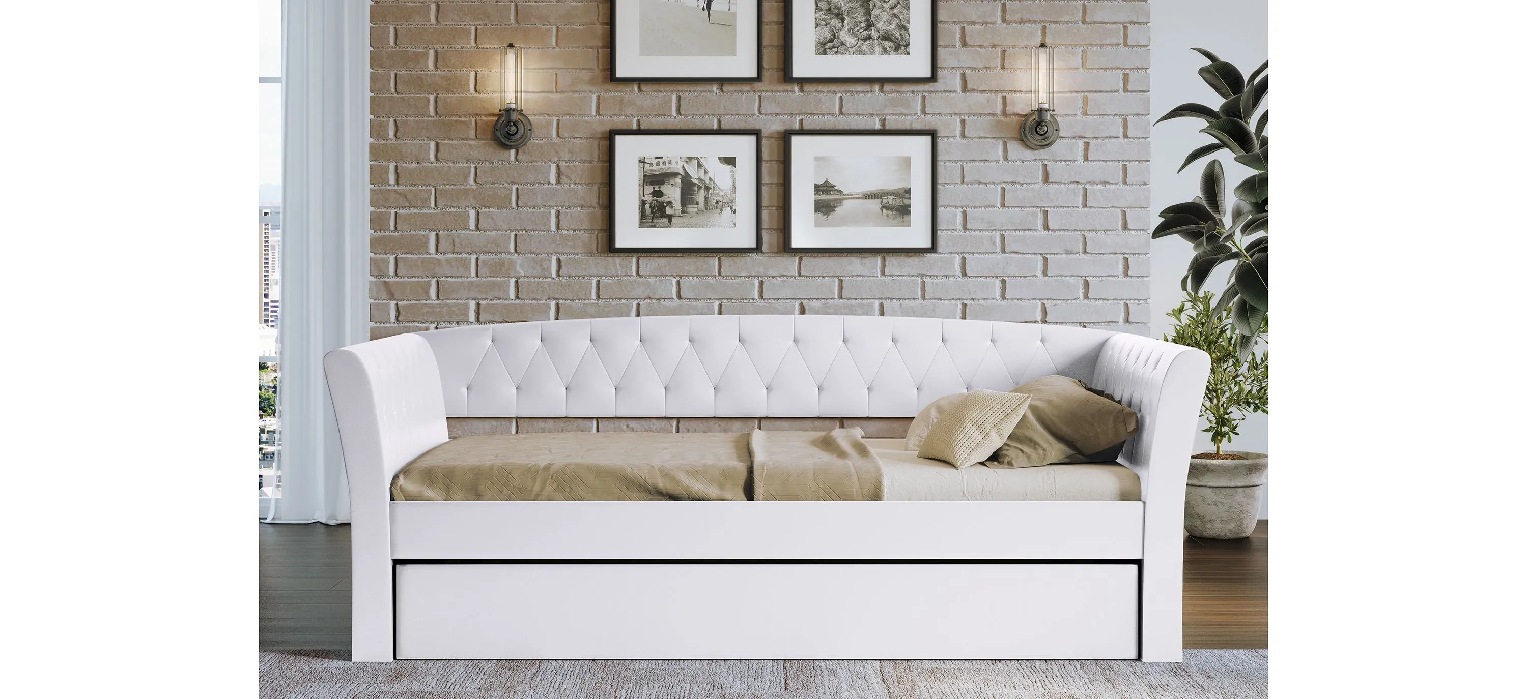 Arkotec Patrick Tufted Faux Leather Daybed with Trundle White