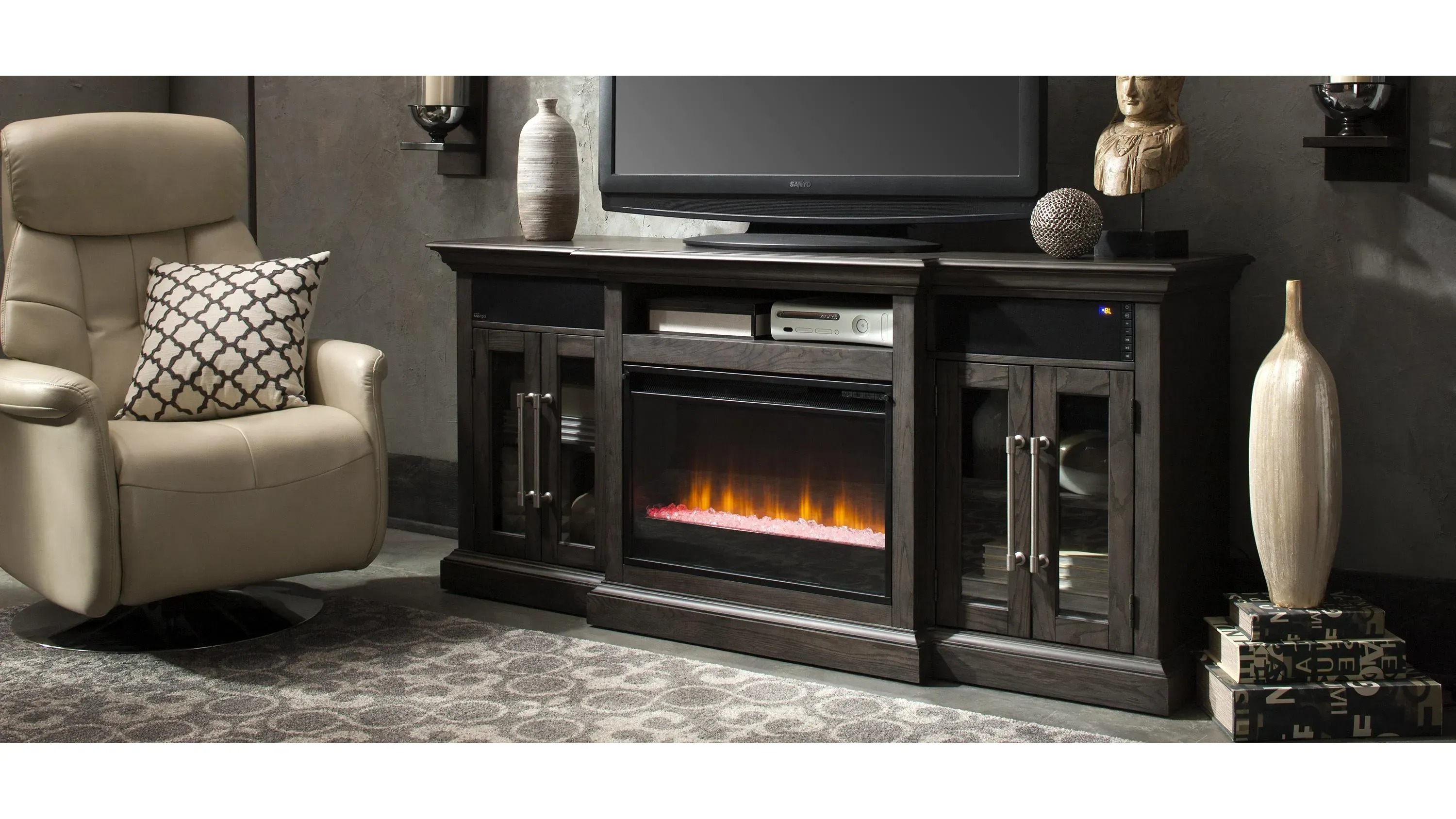 Raymour and flanigan entertainment center with fireplace store