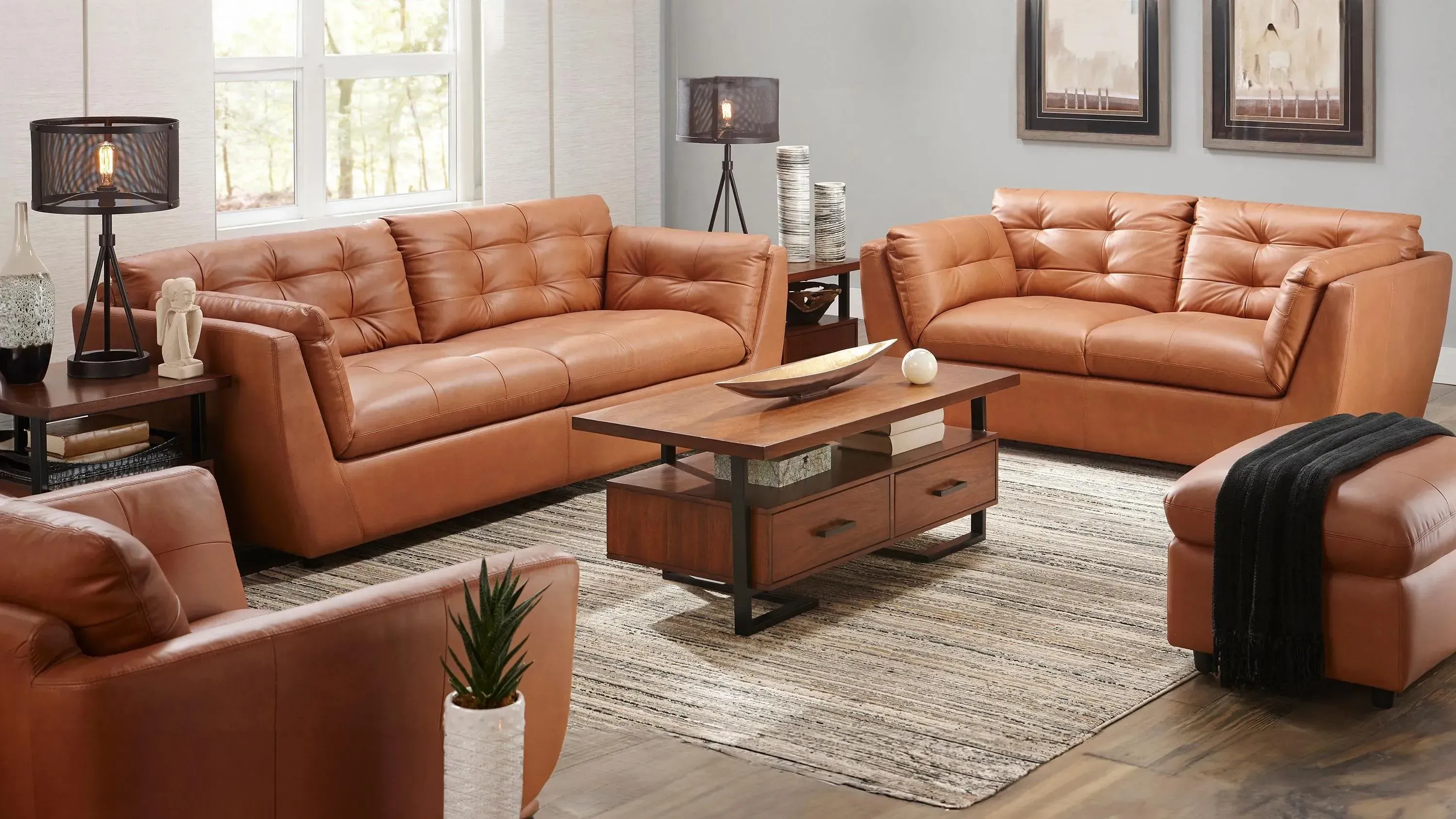 Burnt orange leather living room set store