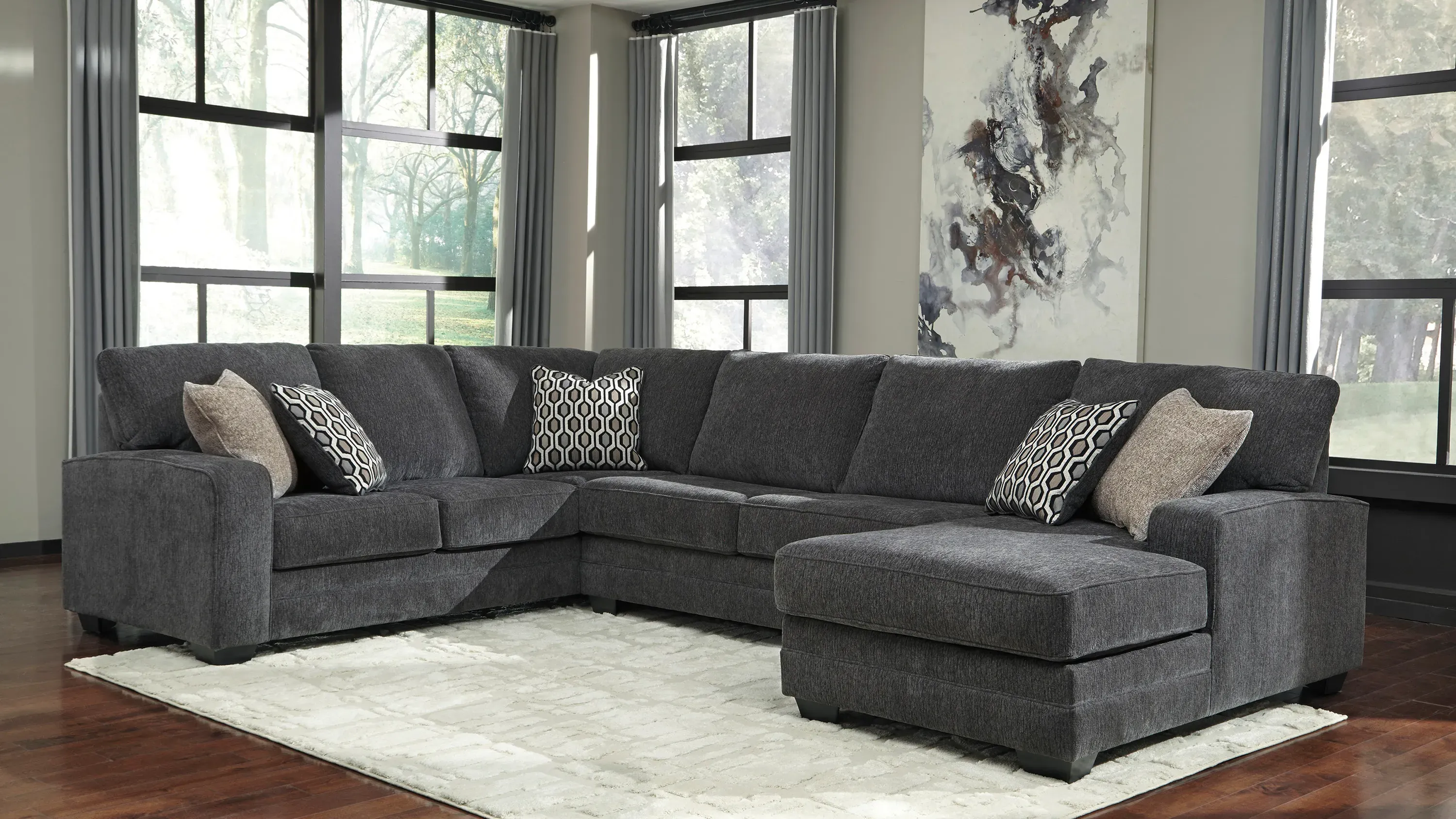 The Wetzel right arm facing corner chaise is a lovely contemporary piece that will add sophistication to your living room. Raymour Flanigan