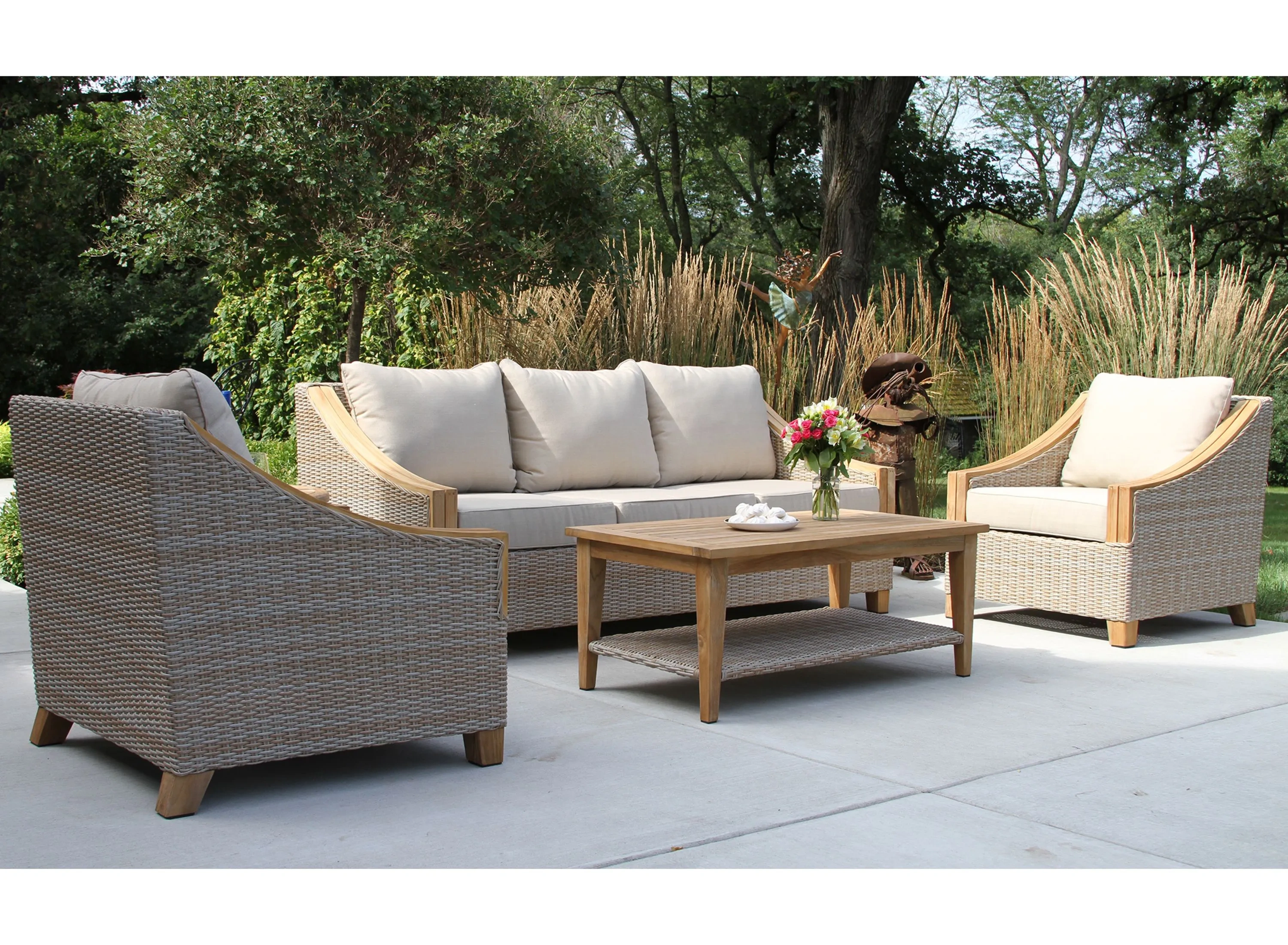 Sea Drift 4 pc. Wicker and Teak Outdoor Sofa Set with Sunbrella Cushions Raymour Flanigan